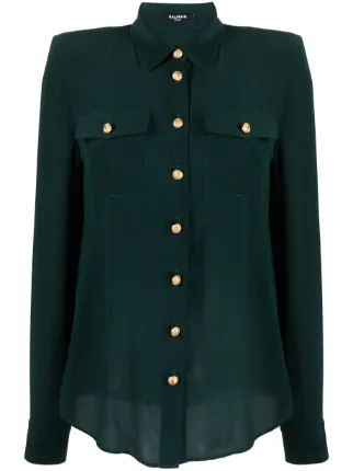 Balmain Padded Shoulders Silk Blouse | Green | FARFETCH UK