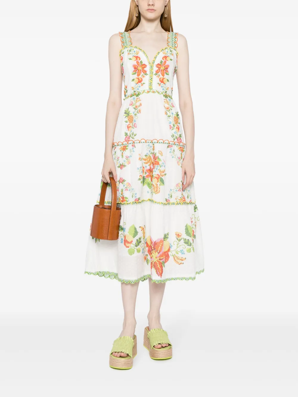 FARM Rio Vestido Midi Tropical Romance Con Bordado Inglés - Farfetch