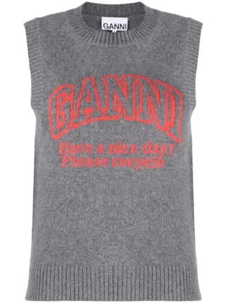 GANNI Logo intarsia-knit round-neck Top | Grey | FARFETCH