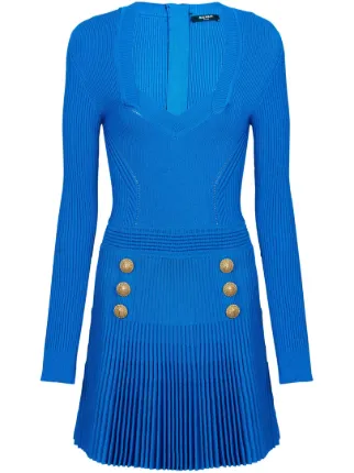 Balmain button-embellished Ribbed Minidress | Blue | FARFETCH
