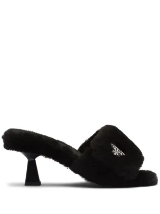 Prada 65mm Shearling Mules | Black | FARFETCH CA