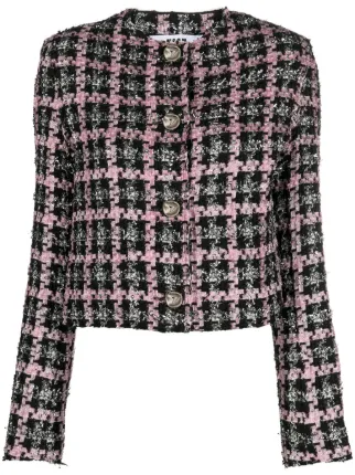 MSGM Plaid Checked Tweed Jacket | Black | FARFETCH
