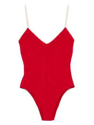La Perla monogram-jacquard V-neck Swimsuit | Red | FARFETCH