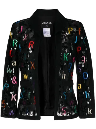 CHANEL Pre-Owned letter-patches lace-panels Jacket | Black | FARFETCH QA