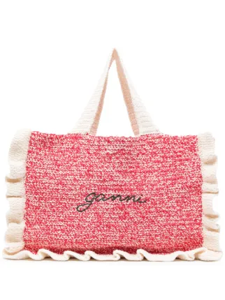 GANNI embroidered-logo Knitted Tote Bag | White | FARFETCH