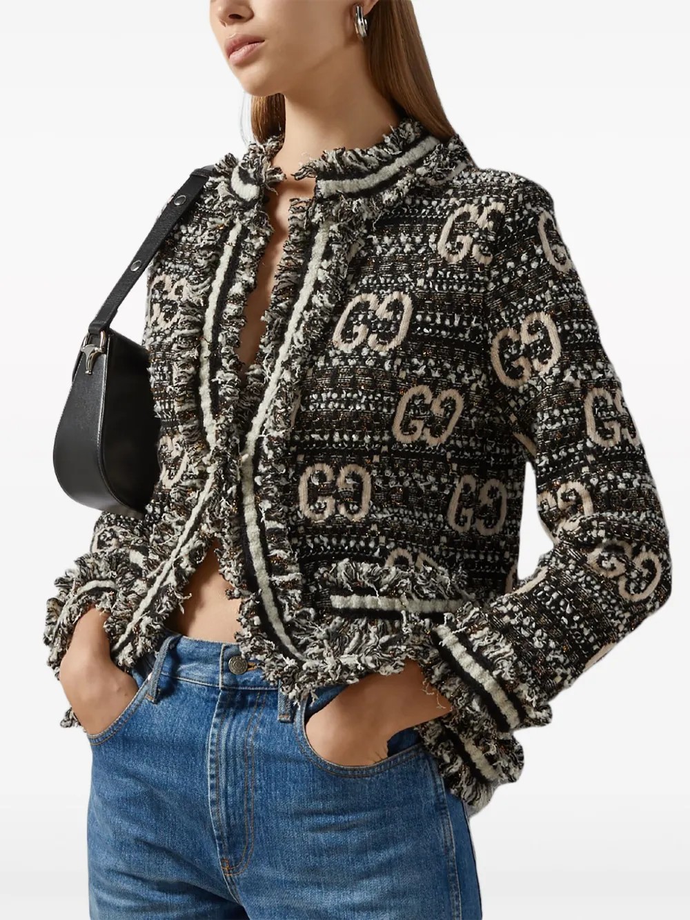 Gucci GG Frayed Tweed Jacket | Black | FARFETCH