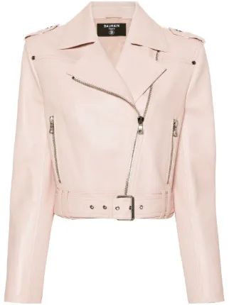 Balmain Pre-Owned Cropped Leather Biker Jacket | Pink | FARFETCH