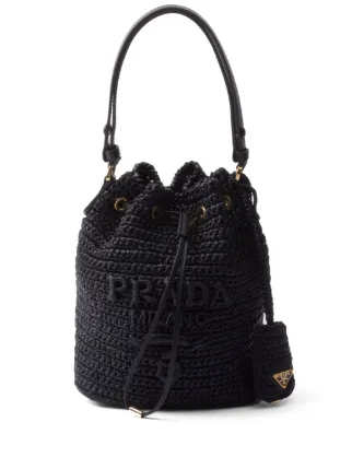 Prada logo-embossed Raffia Bucket Bag | Black | FARFETCH AO