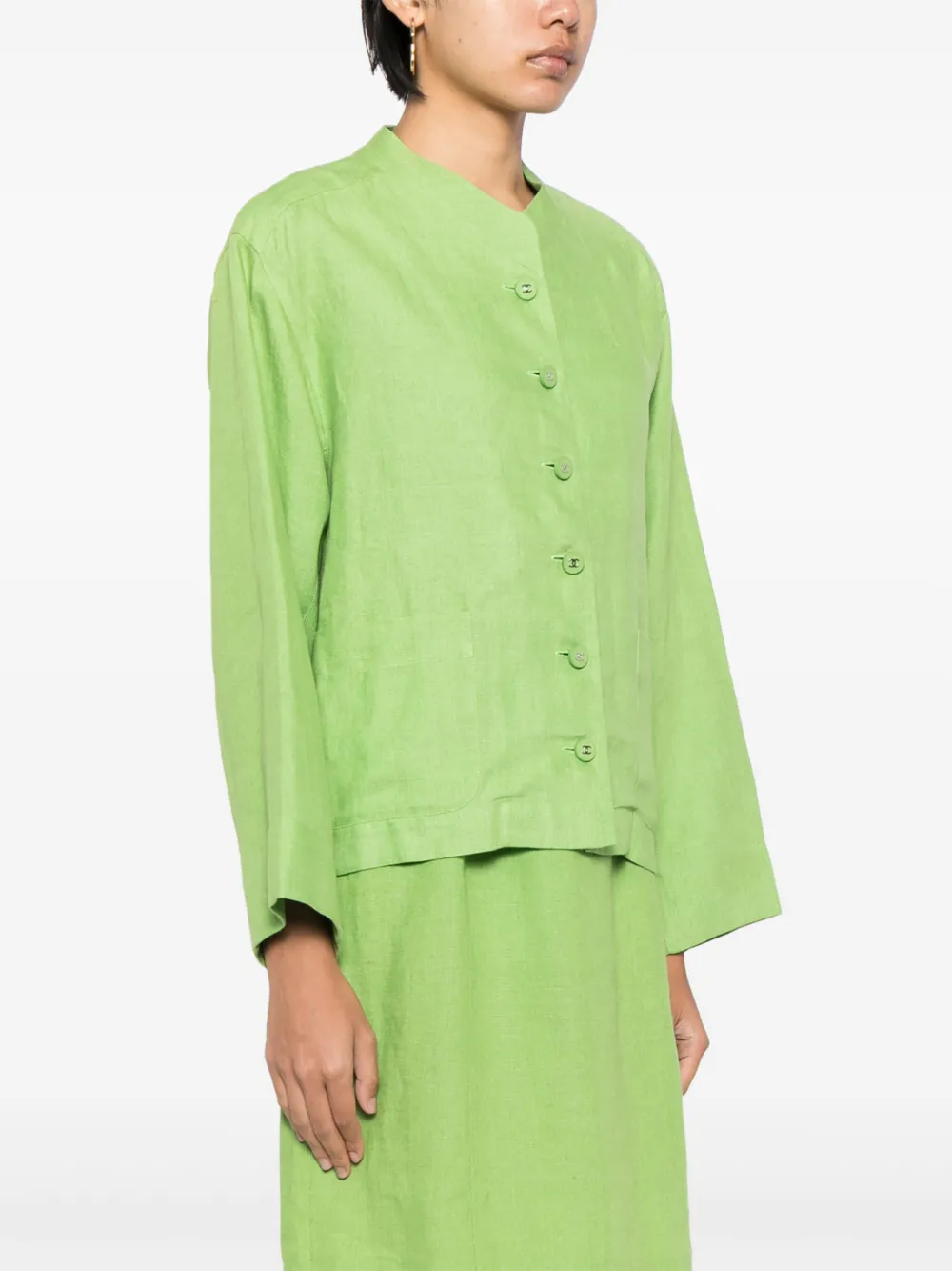CHANEL Pre-Owned 1990-2000s Collarless Linen Jacket | Green | FARFETCH