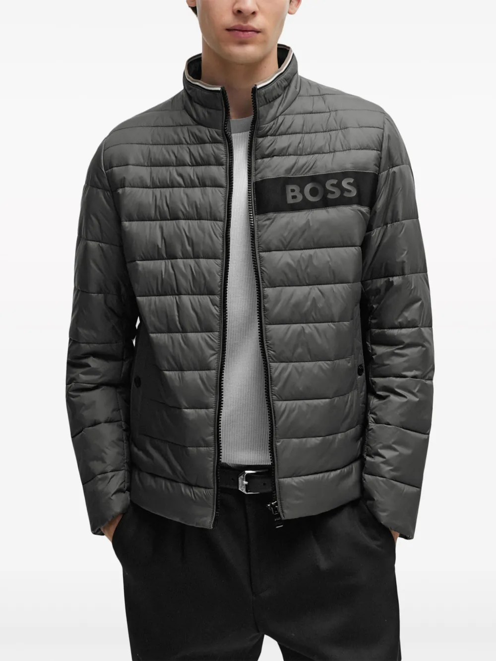 BOSS Quilted logo-print Jacket | Grey | FARFETCH