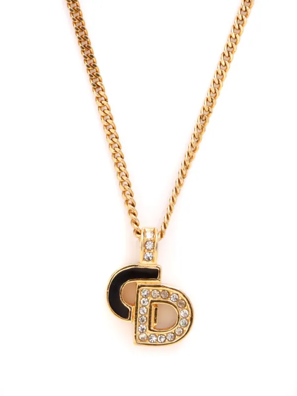 Christian Dior Pre Owned rhinestone embellished CD Pendant Necklace Gold FARFETCH