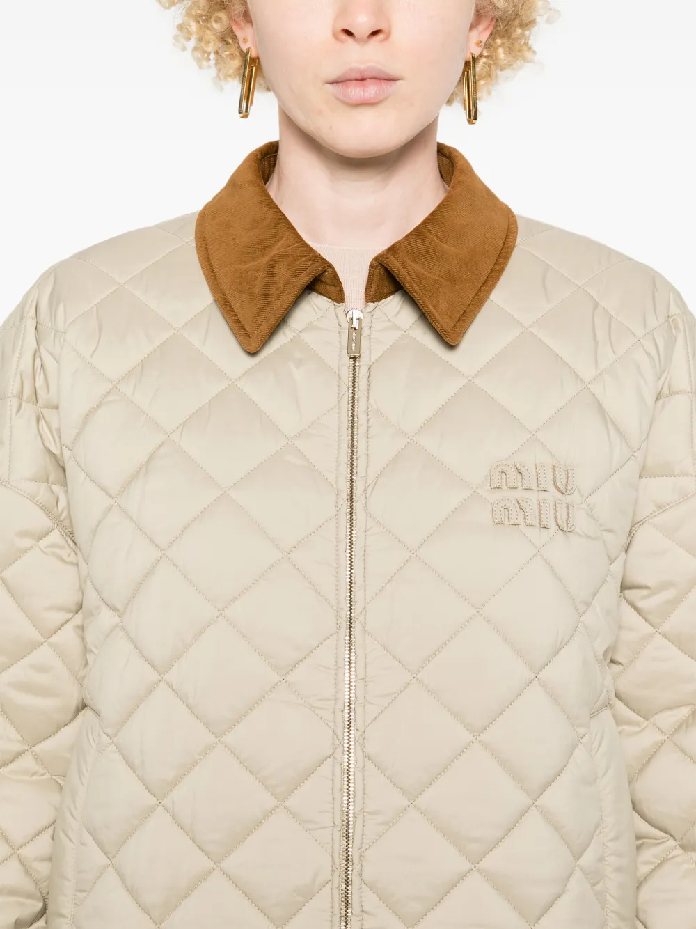 Miu Miu logo-patch Quilted Jacket | Neutrals | FARFETCH