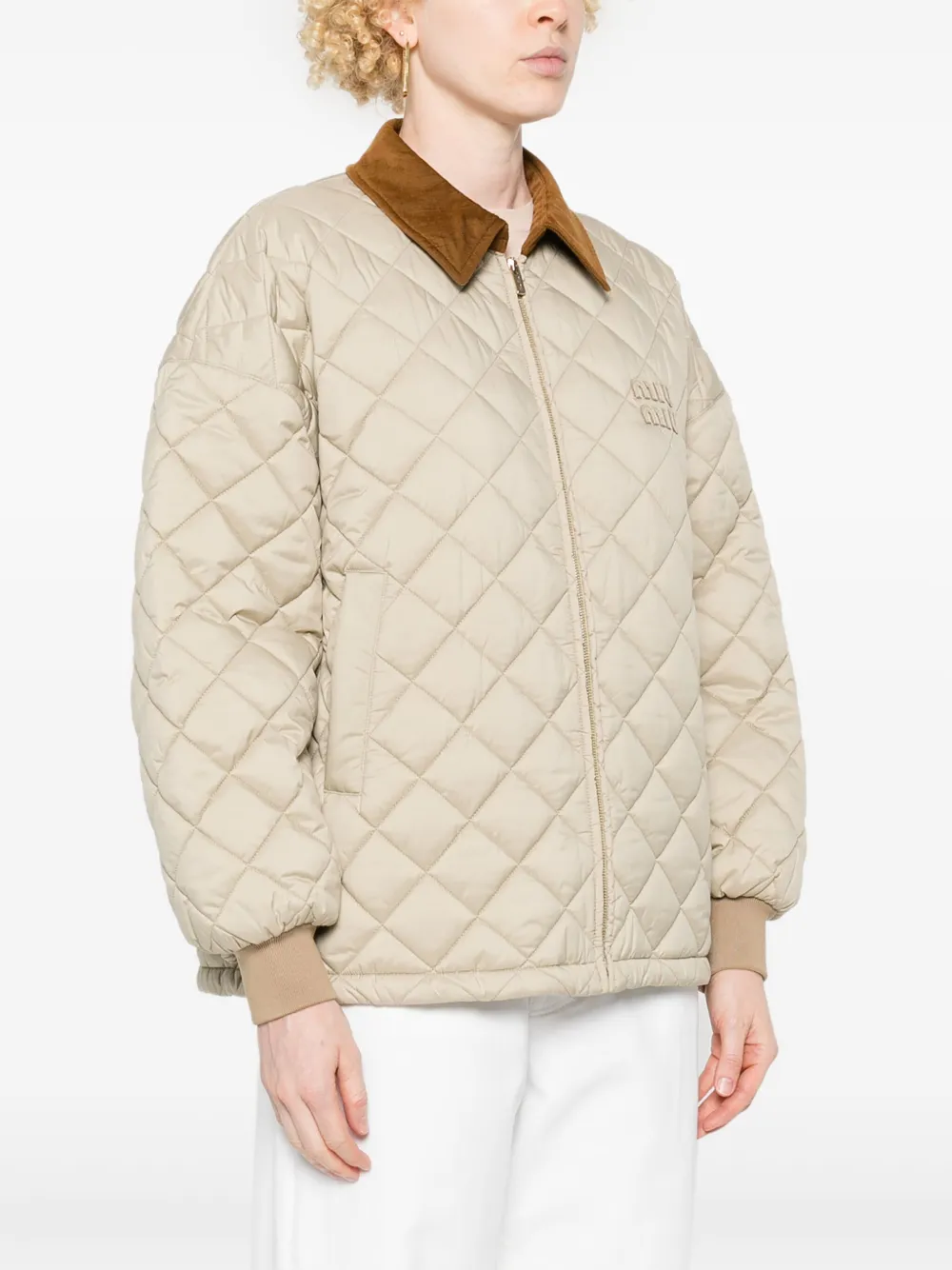 Miu Miu logo-patch Quilted Jacket | Neutrals | FARFETCH