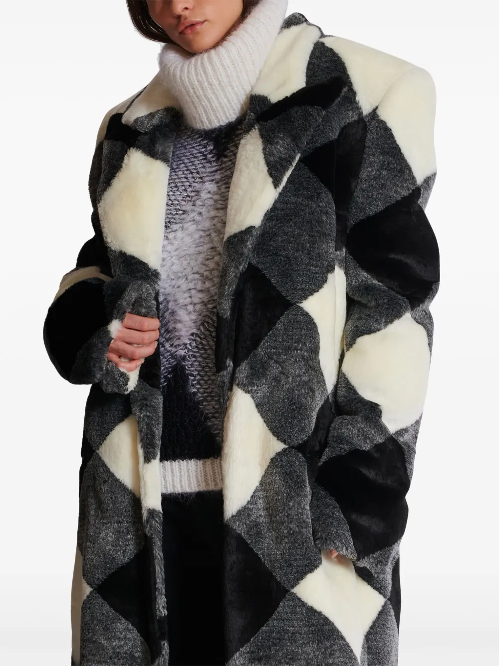 Balmain vichy-gingham Faux Fur Coat | Black | FARFETCH