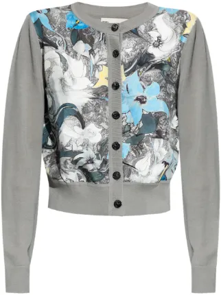 Tory Burch Cropped silk-front Cardigan | Grey | FARFETCH AU
