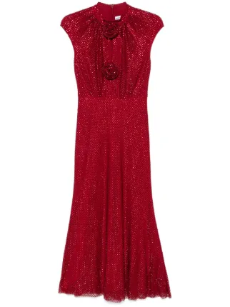 Self-Portrait Rhinestone Fishnet Midi Dress | Red | FARFETCH SA