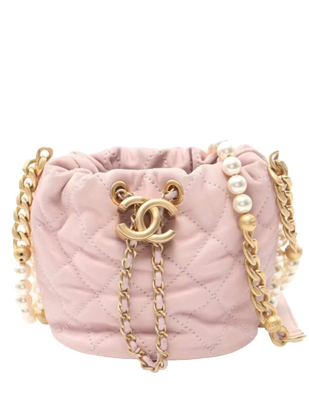 CHANEL Pre-Owned Bolsa Bucket Mini Calfskin About Pearls Drawstring ...