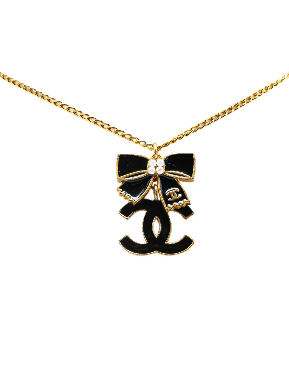 CHANEL Pre-Owned 2002 Gold Plated And Enamel CC Ribbon Pendant Necklace ...