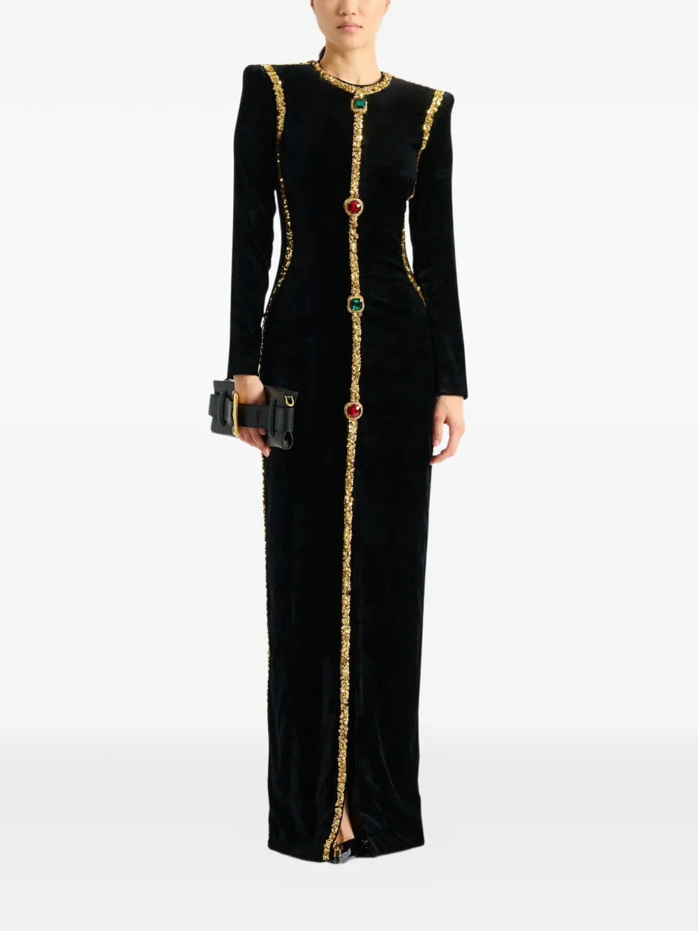 Balmain Long Embellished Velvet Dress | Black | FARFETCH