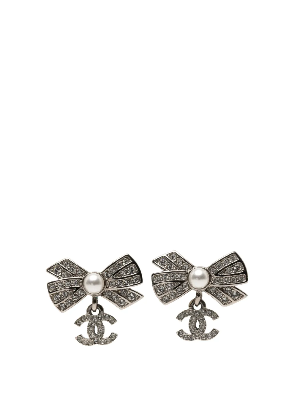 CHANEL Pre-Owned 2022 Silver Plated Faux Pearl Crystal Bow CC Drop Push ...