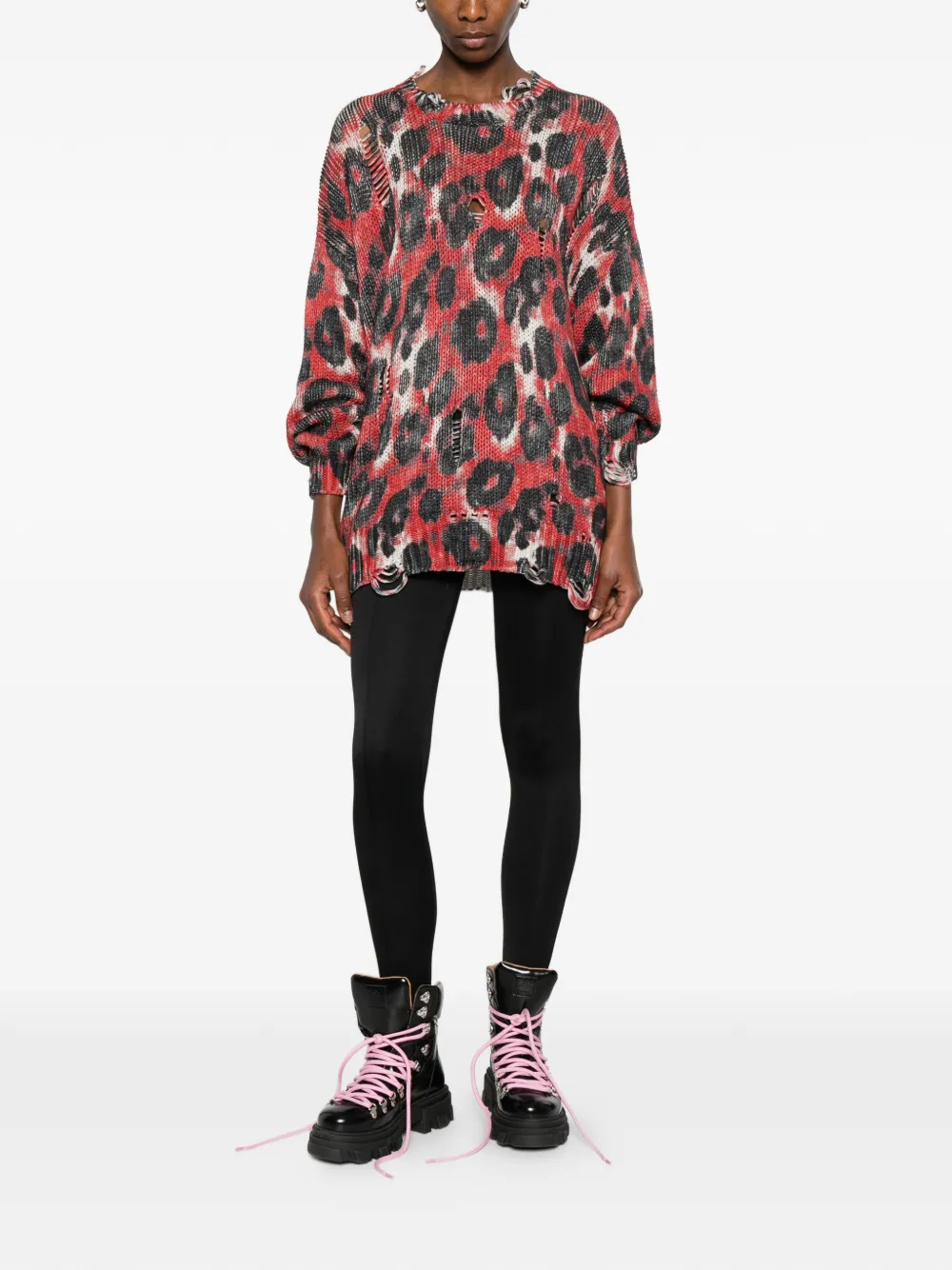 R13 distressed-trim leopard-print Sweater | Red | FARFETCH