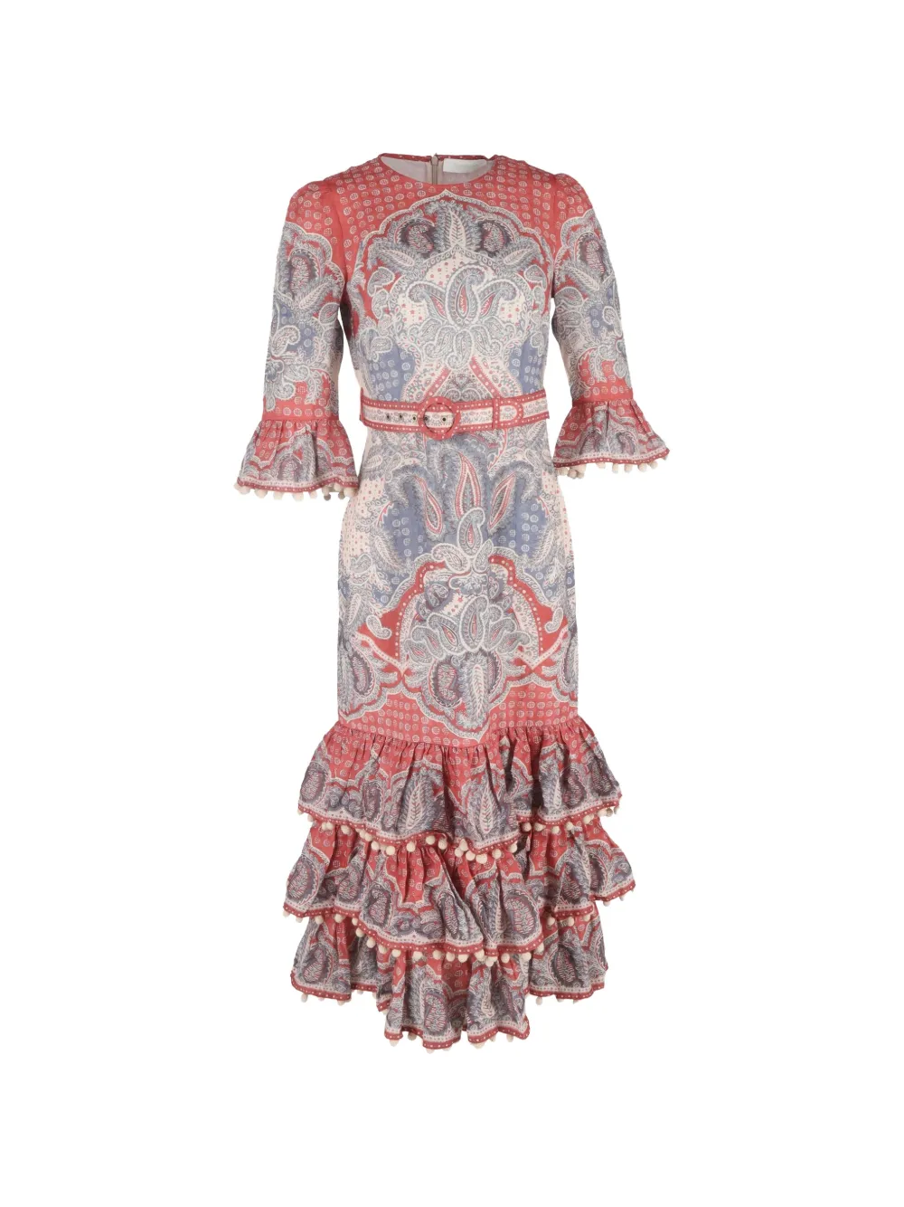 ZIMMERMANN Belted paisley-print Tiered Dress | レッド | FARFETCH JP