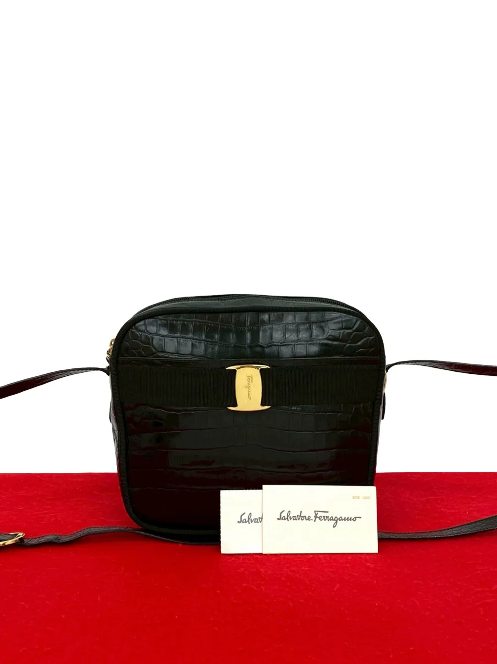 Ferragamo Pre-Owned 2000-2025 Croc Embossed Calfskin Vara Crossbody Bag ...