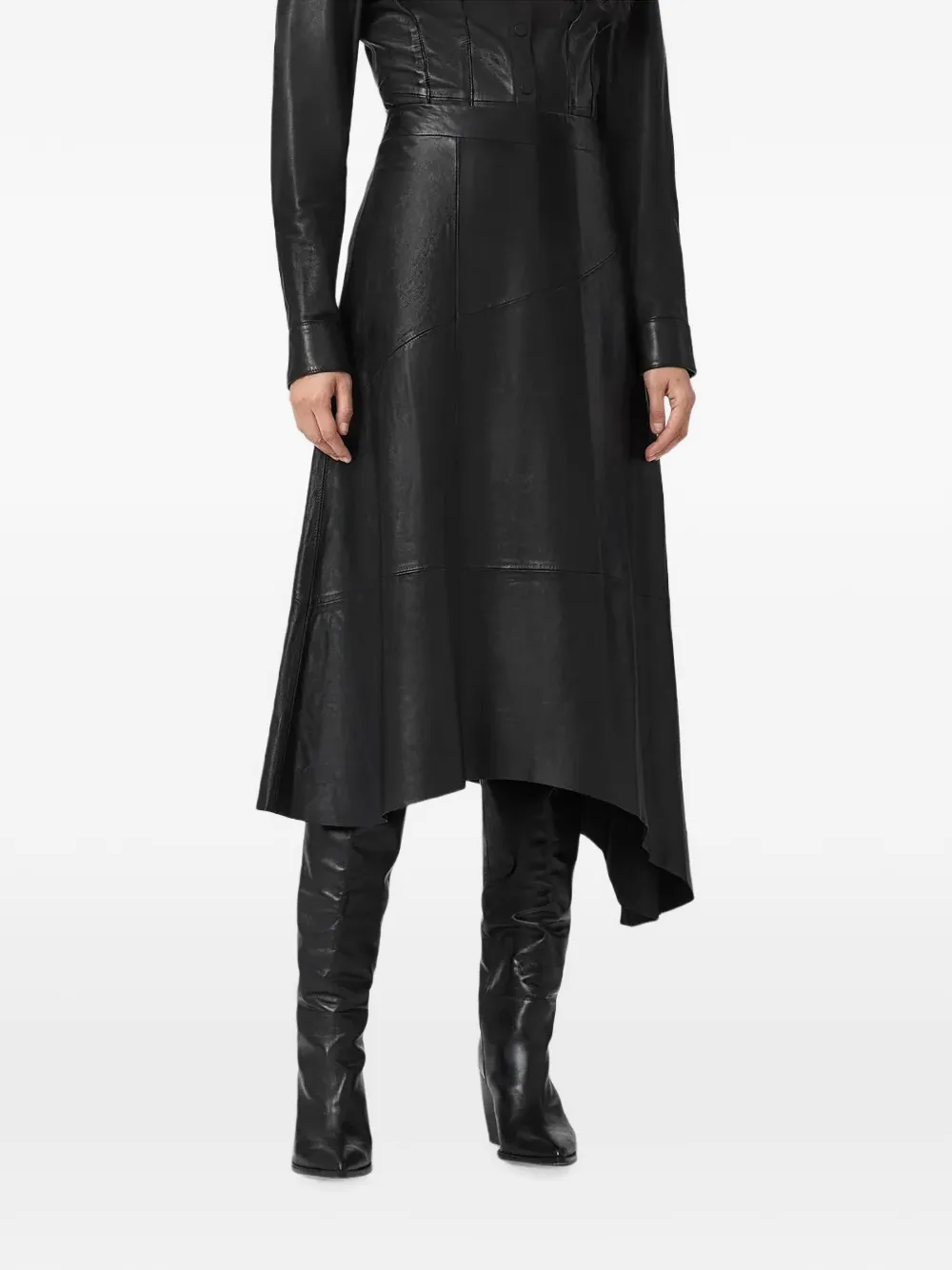 AllSaints Gia Asymmetric Panelled Midi Skirt | Black | FARFETCH