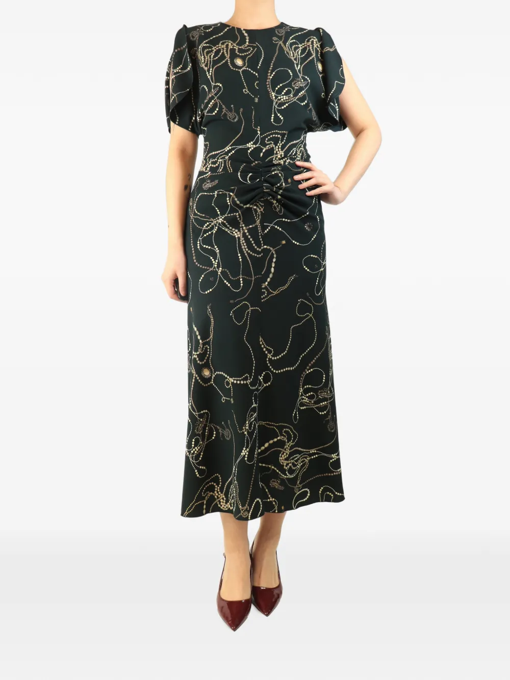 Victoria Beckham chain-print gathered-waist Midi Dress | Green | FARFETCH