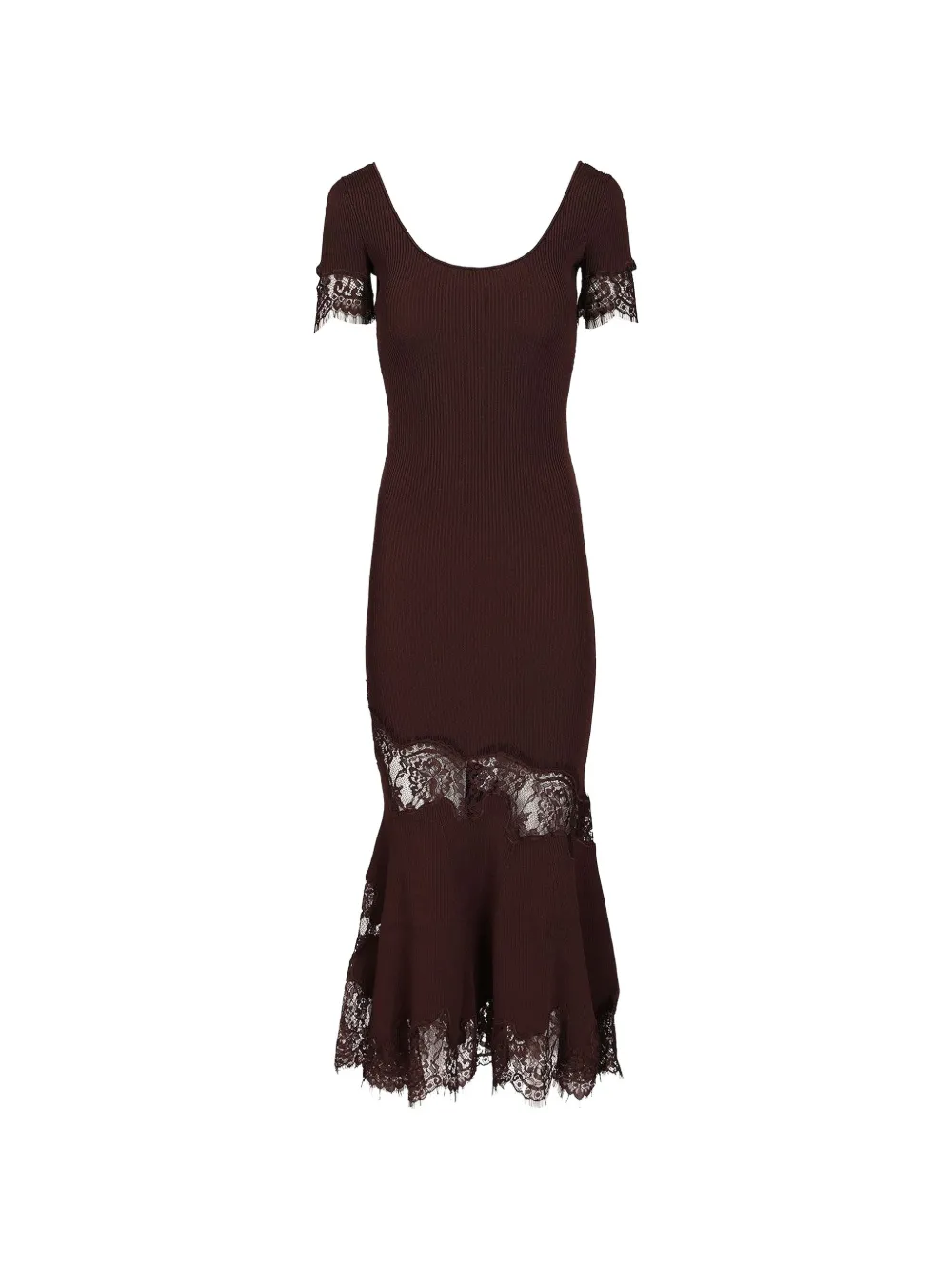 Self-Portrait lace-trim ribbed-knit Maxi Dress | Brown | FARFETCH