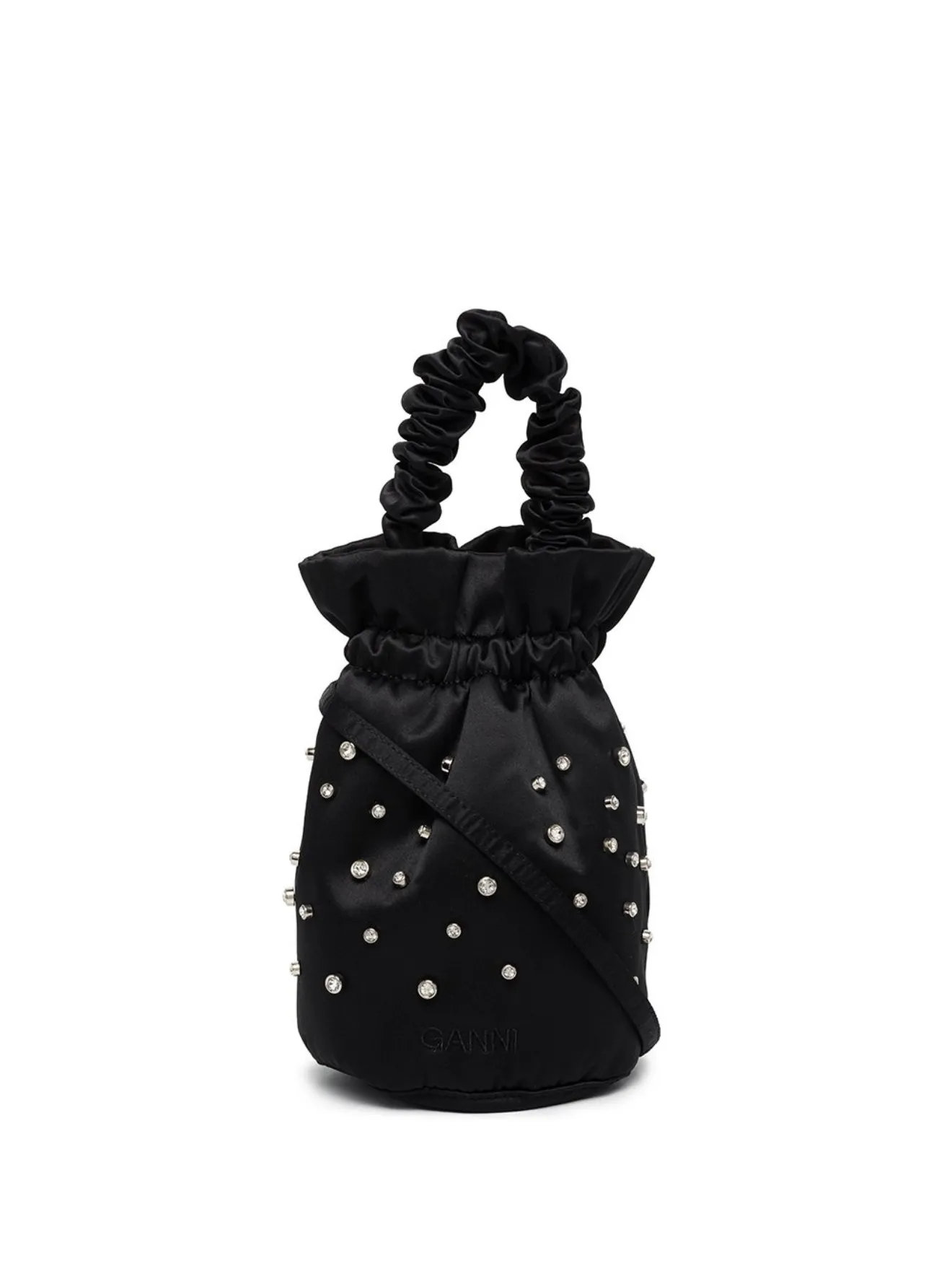 GANNI beaded ruched clutch bag black | MODES