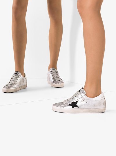 Golden Goose Silver Superstar glitter low top sneakers | Browns