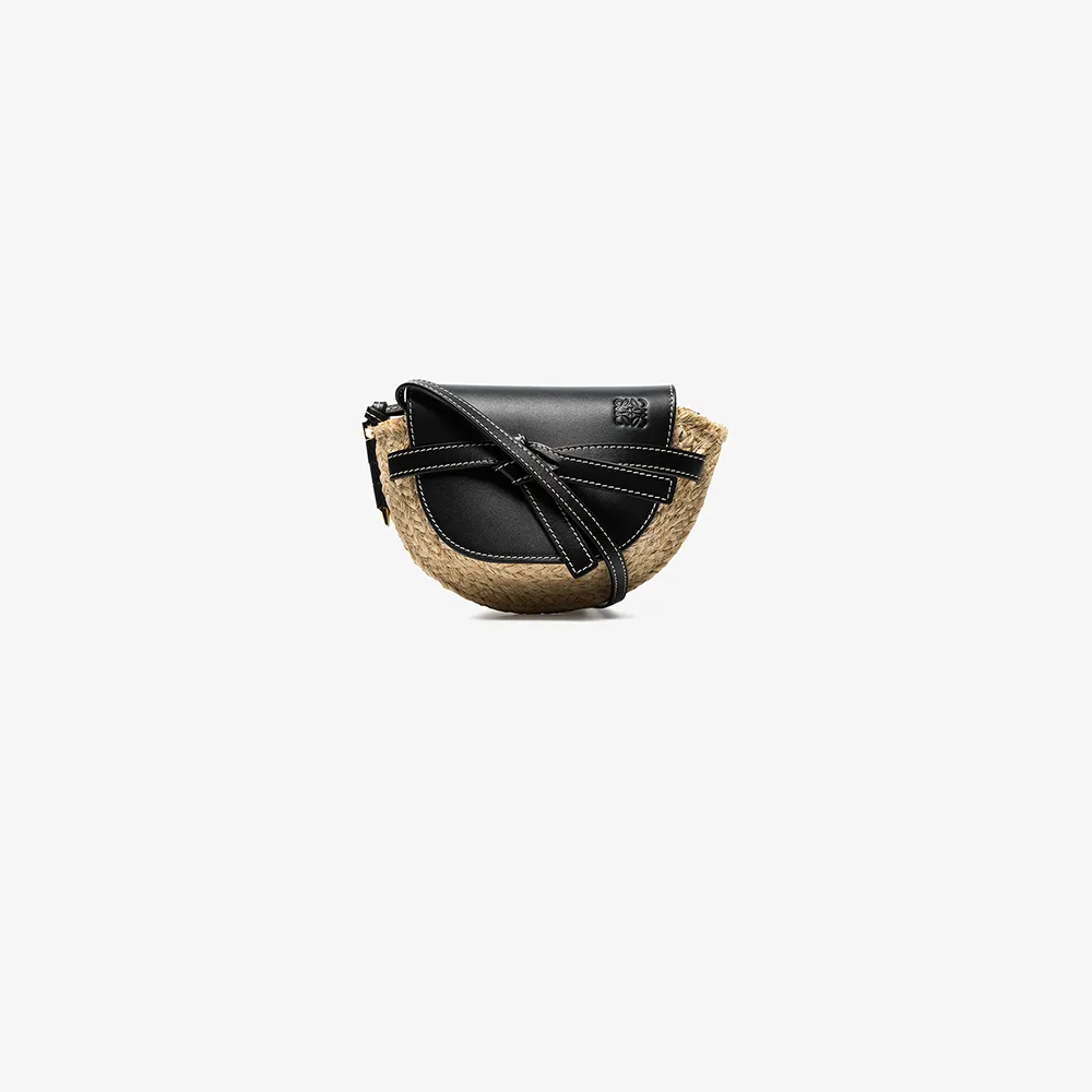 Loewe black and beige gate mini leather and raffia shoulder bag | Browns