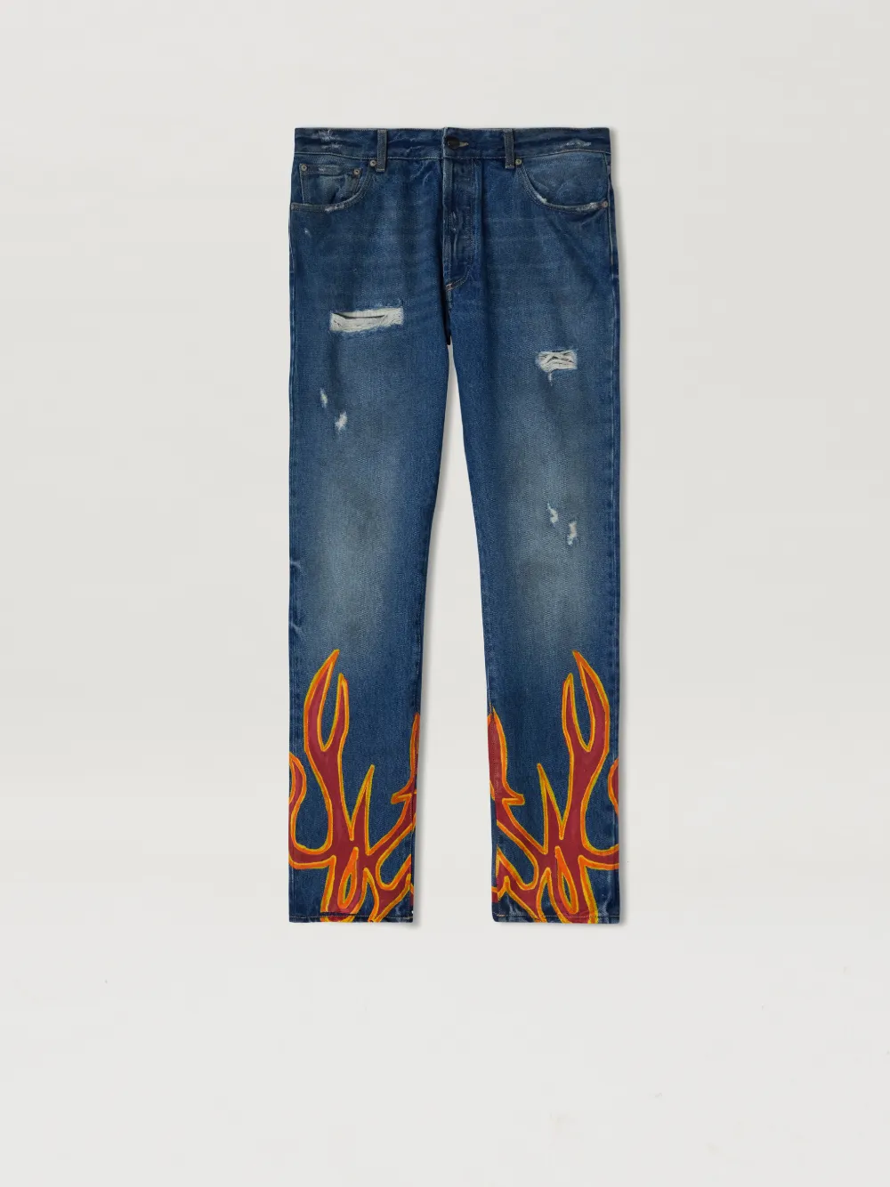 BURNING FLAMES REGULAR DENIM PANTS in blue - Palm Angels® Official