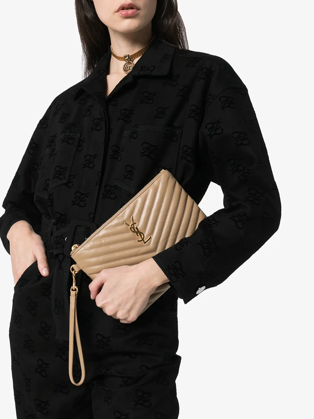 Saint Laurent Beige YSL Monogram Quilted Clutch Bag Browns Saint Laurent Beige YSL Monogram Quilted Clutch Bag Browns